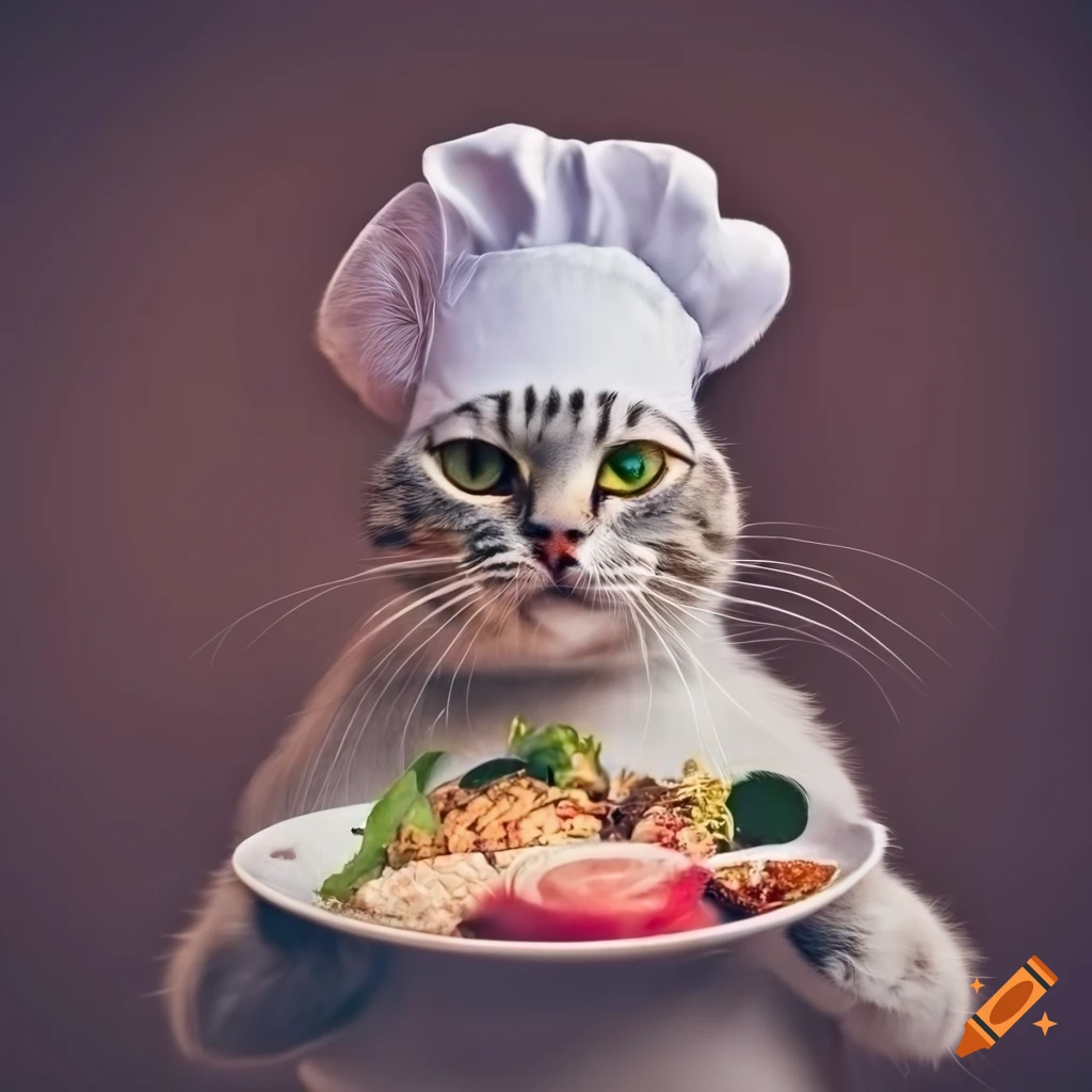 Cat chef with a plate of delicious food on Craiyon