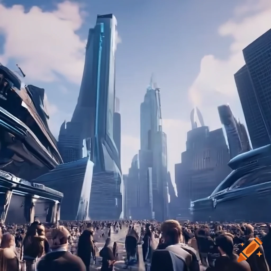 Sci-fi futuristic city with a crowd of people and hologram figures on ...