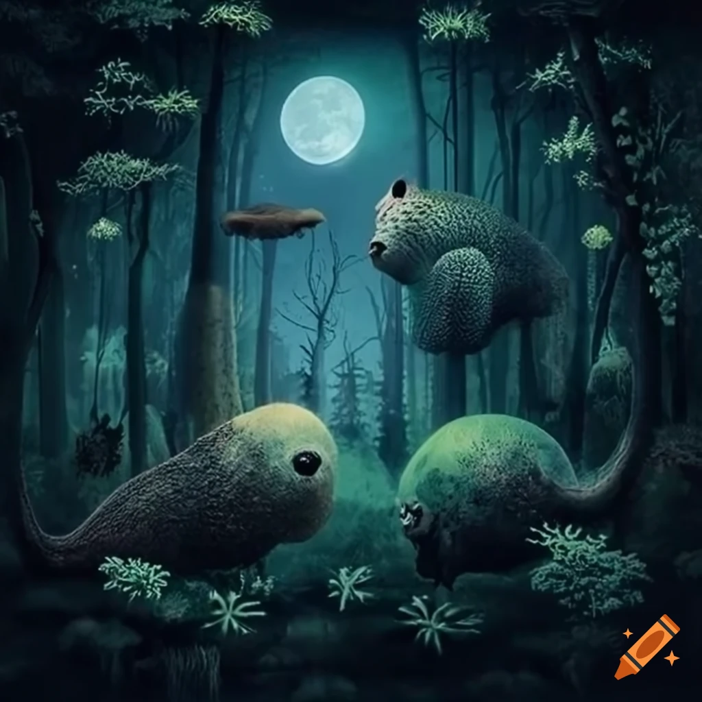 Adorable animal structures in a moonlit forest