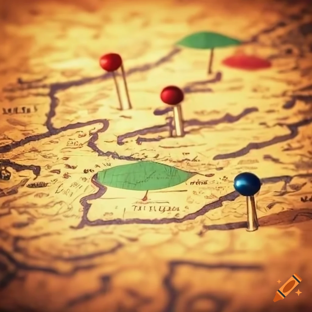 Ancient map of a mountain village with pins on Craiyon