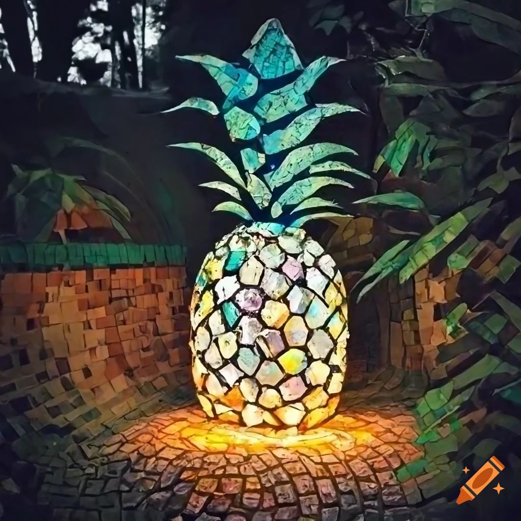 Mosaic pineapple sculpture in a garden with painted scales on Craiyon