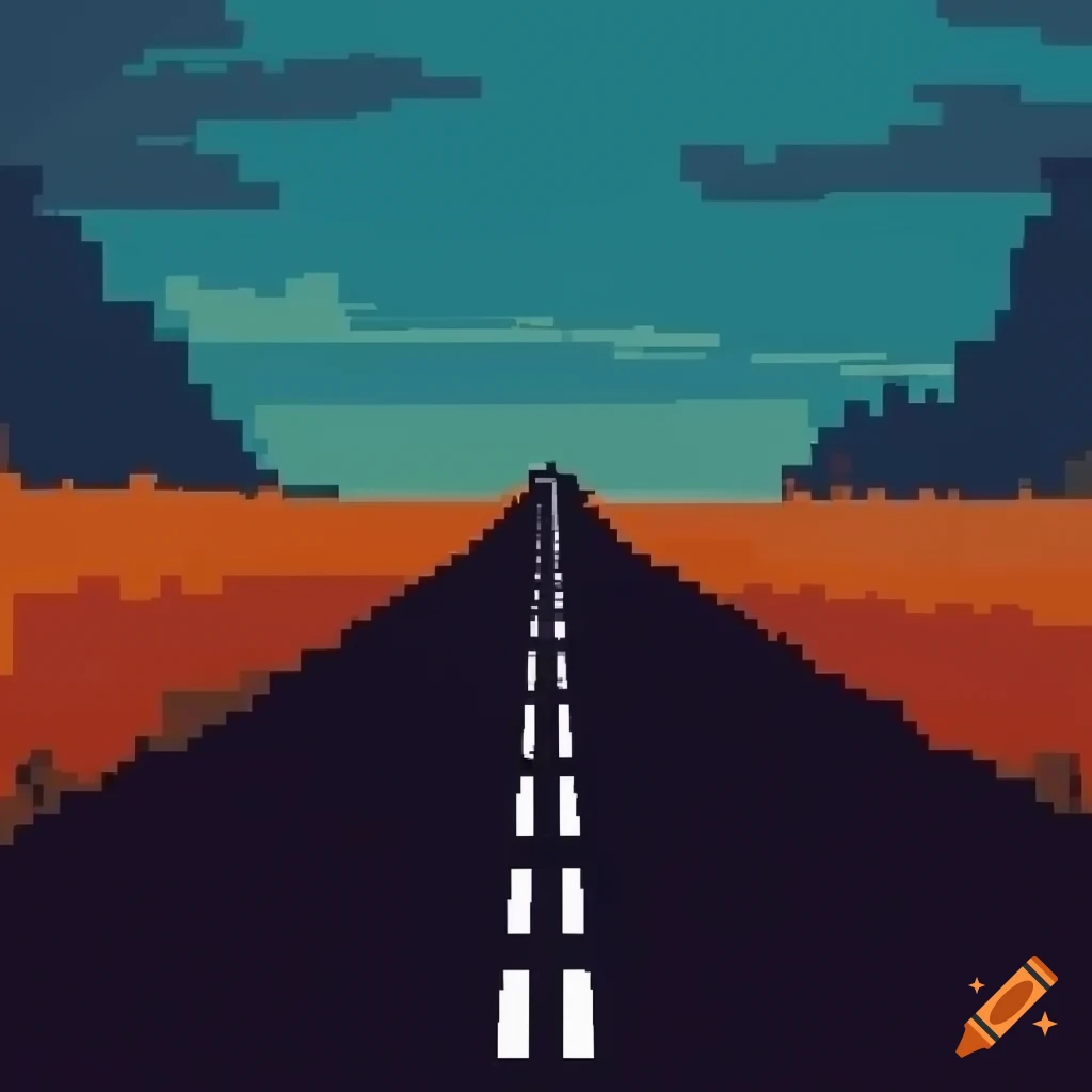 Pixel art of a road disappearing into the distance