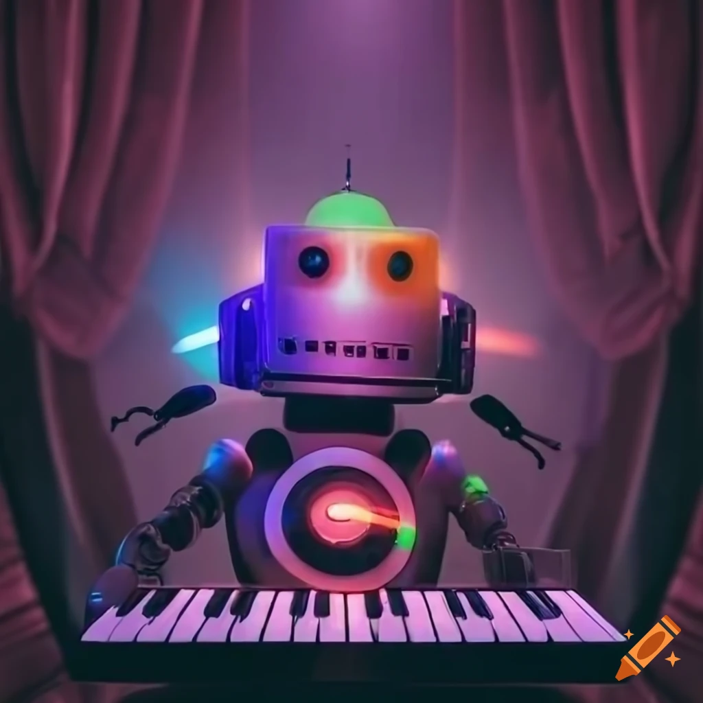 Closeup of a deformed robot playing a synthesizer