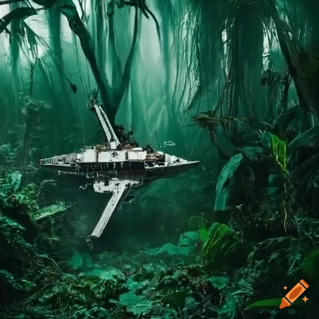 Space ship landing over a jungle on Craiyon