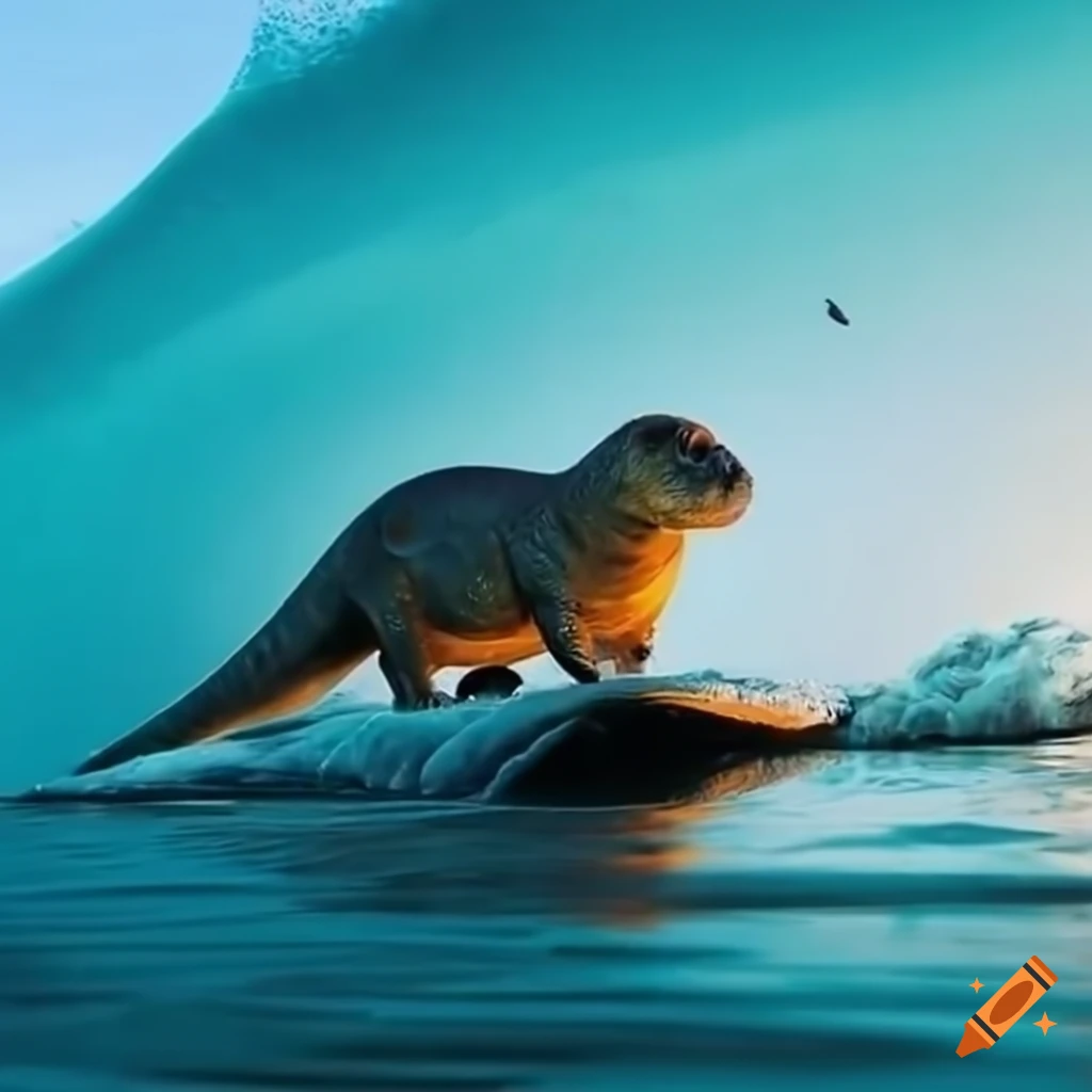 Illustration of a hybrid between an otter and a T-rex surfing in the ocean on Craiyon