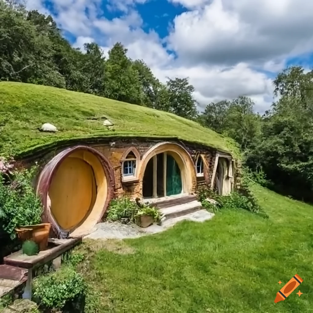 Photo-realistic image of a multi-story hobbit house on Craiyon