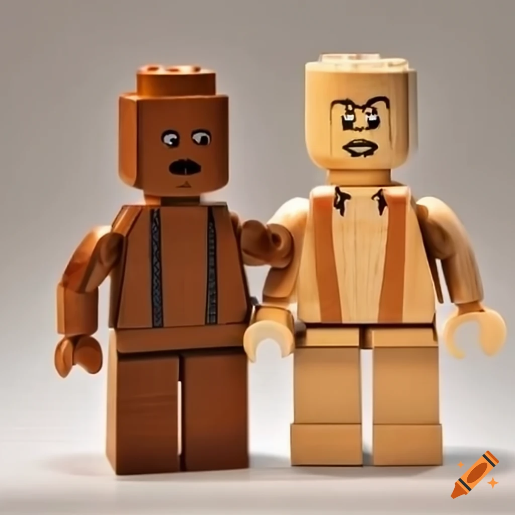 Closeup of wooden lego puppets on Craiyon