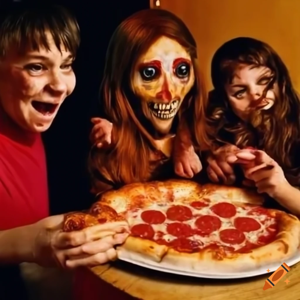 Scary pizza restaurant named Pepperoni Hug Spot on Craiyon