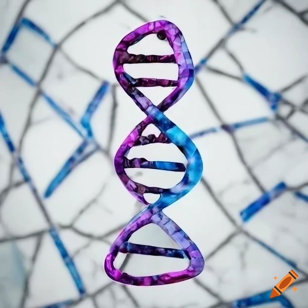 Mosaic artwork of dna made with blue and violet glass pieces