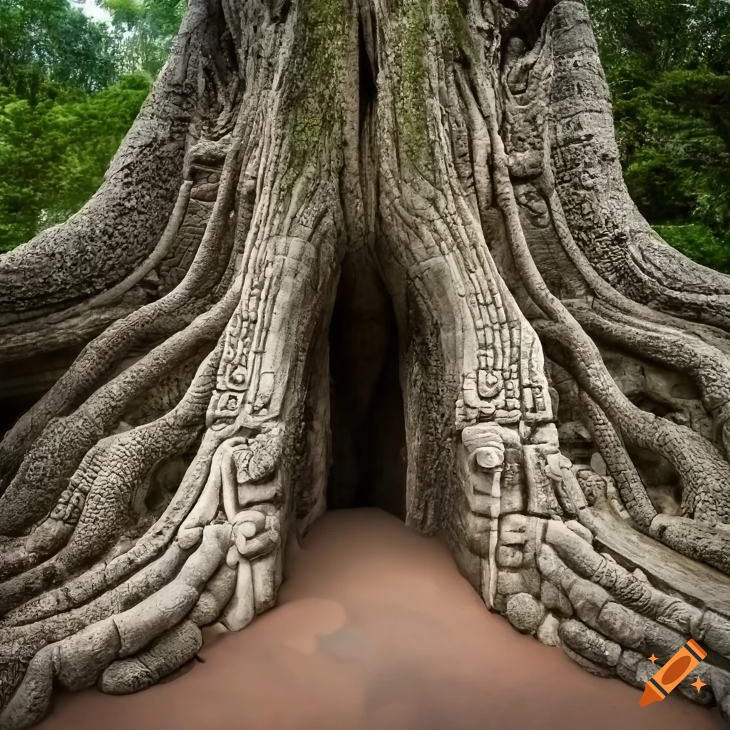 Detailed stone tree with mayan hieroglyphs and symbols on Craiyon