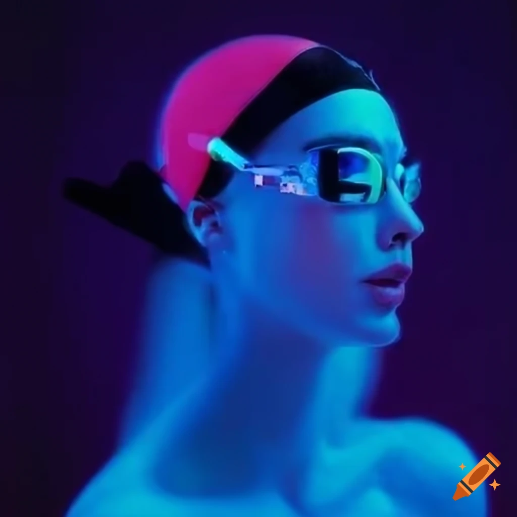Glitch art of a vogue model with swim goggles on Craiyon