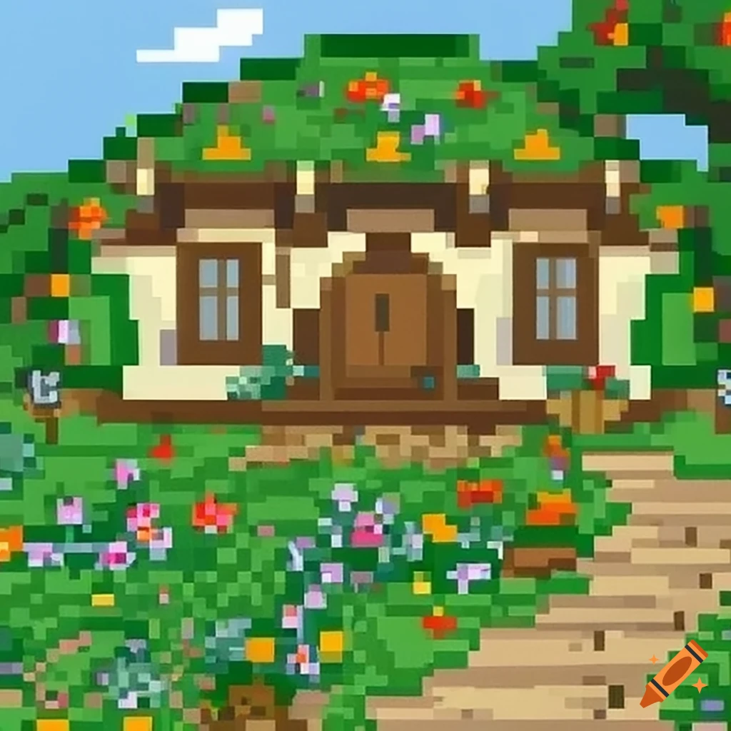 Pixel art of a cozy hobbit house surrounded by flowers on Craiyon