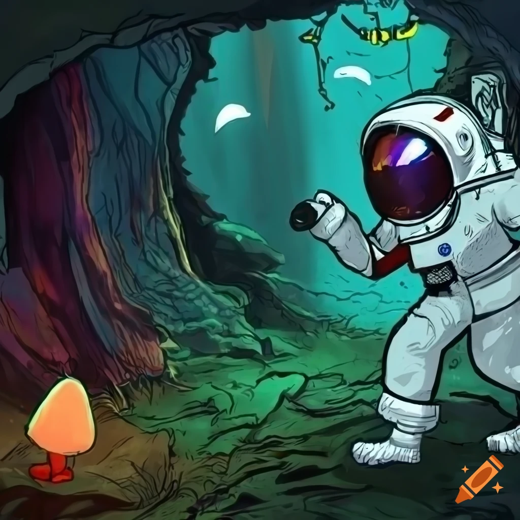 Illustration of Anna Kendrick as a werewolf astronaut in a cave on Craiyon
