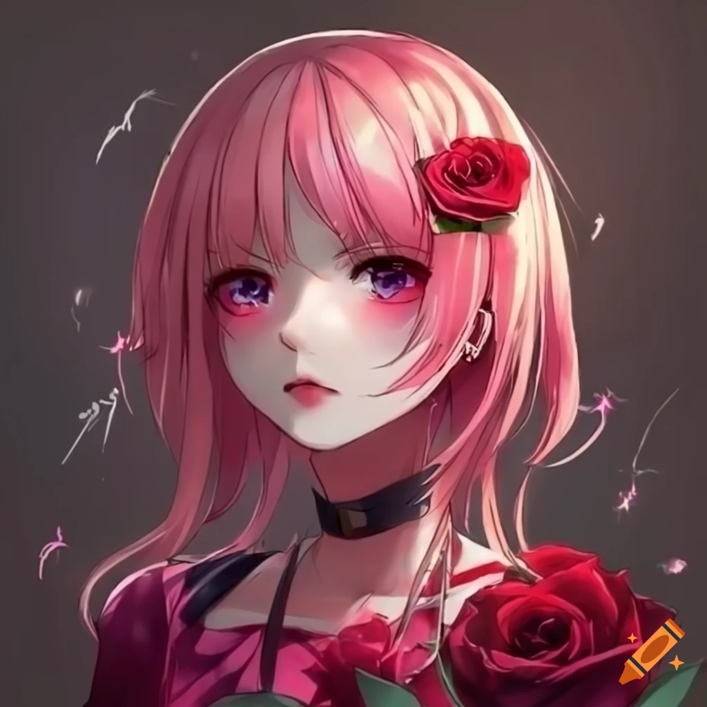Anime girl with pink hair and red roses on Craiyon