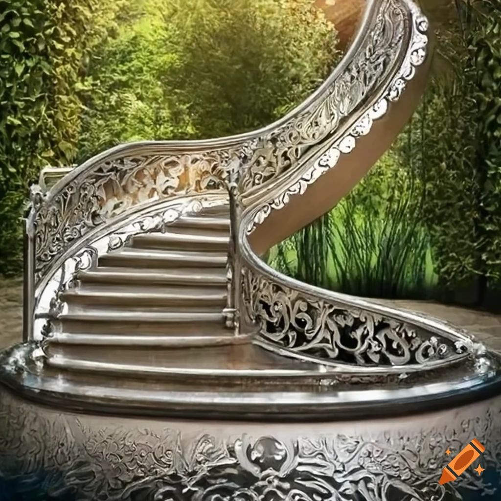 Silver curved stairs leading to a balcony in a garden on Craiyon