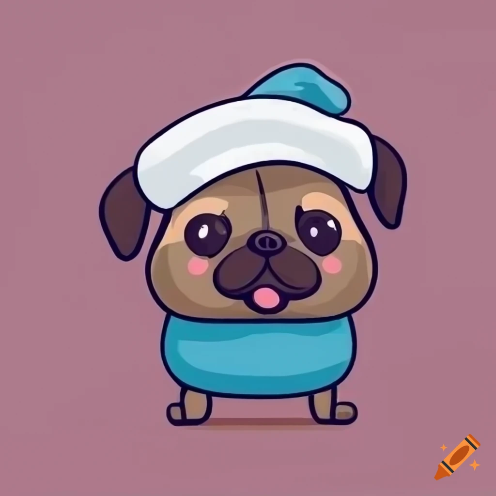 Cute cartoon pug wearing a Santa hat on Craiyon