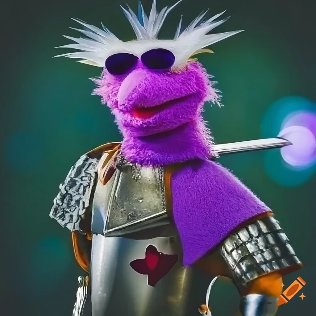 Cartoon character with purple skin, sunglasses, and knight armor on Craiyon