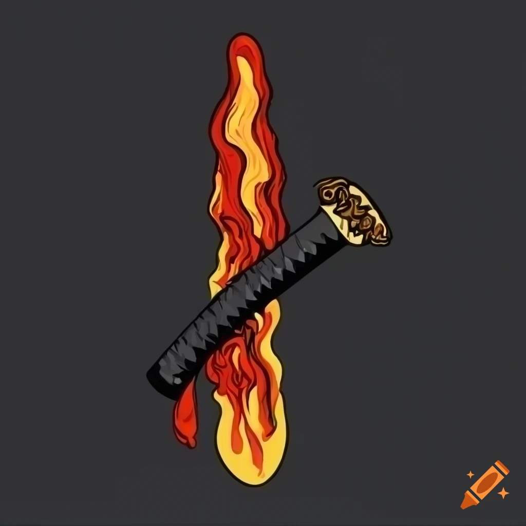 Detailed line art of a katana sword with fiery blade on Craiyon