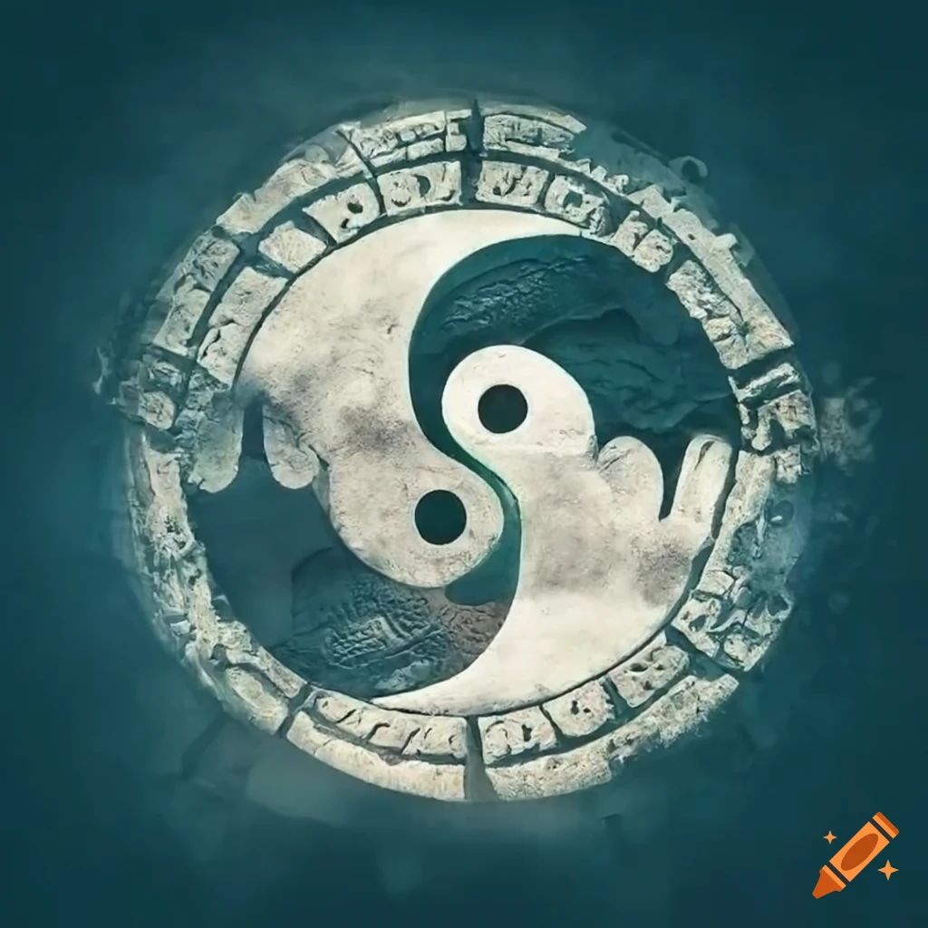 Mayan stone monument with yin and yang symbol on Craiyon