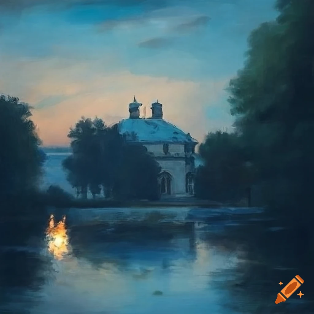 Neoclassical landscape painting with a river and trees on Craiyon