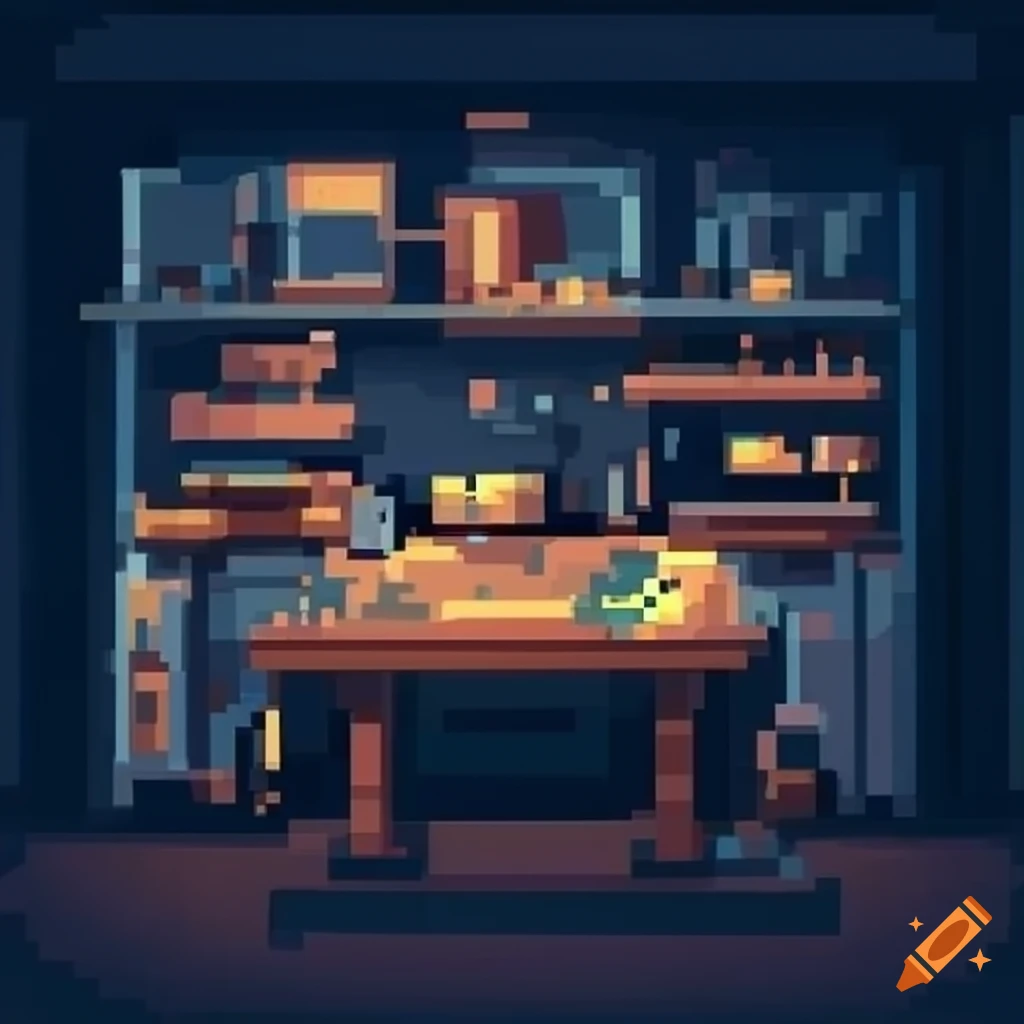 Pixel art of a workshop interior on Craiyon
