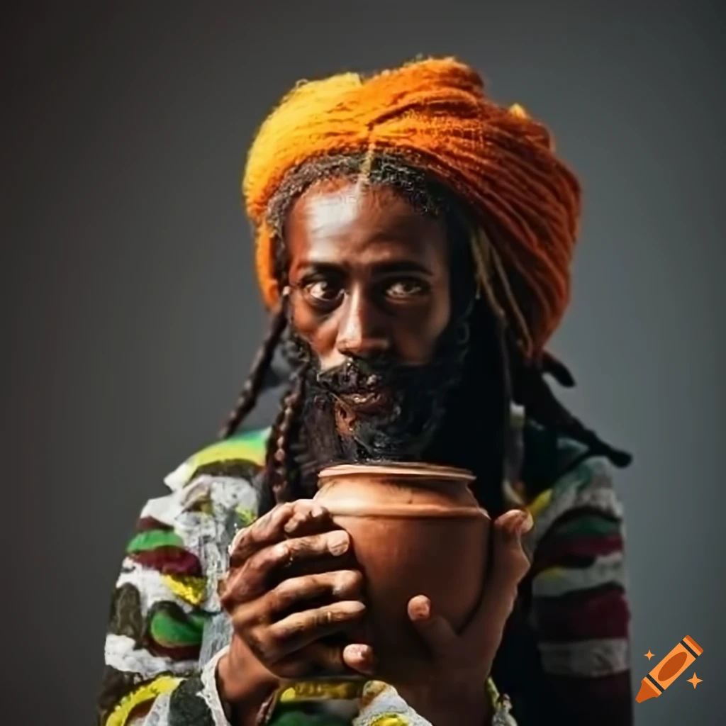 Rasta priest with thick dreads praying in bonfire light on Craiyon