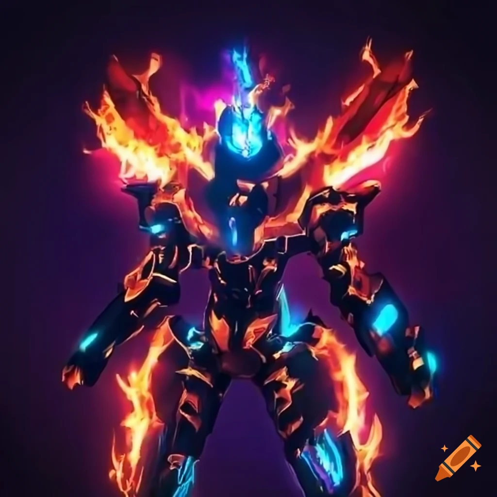 Digital artwork of a giant cyan fire mecha on Craiyon