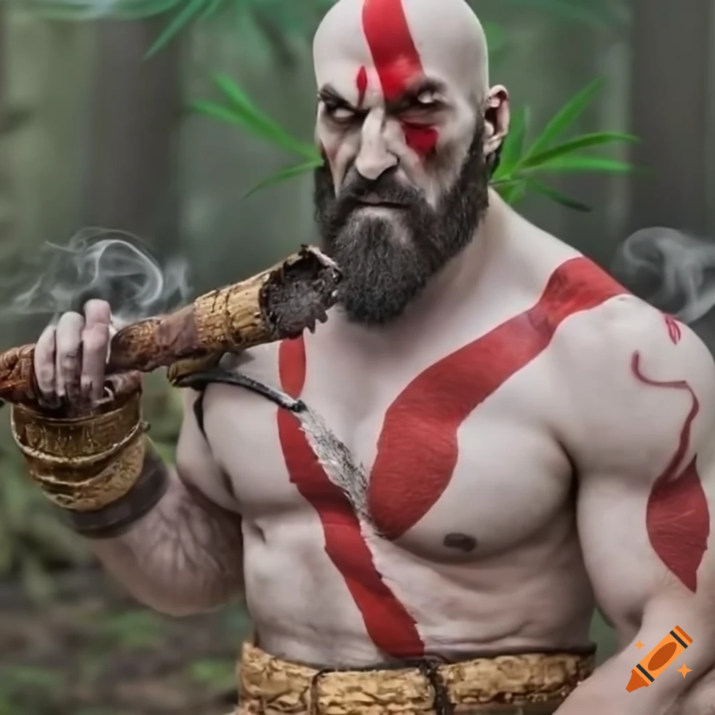 Kratos smoking a joint with cannabis in the background on Craiyon