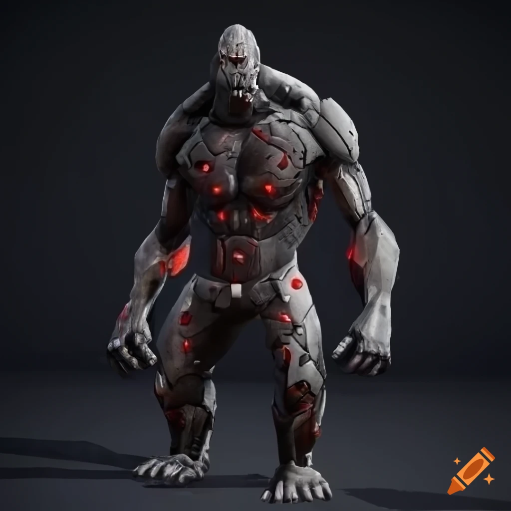 Black stone golem cyborg with red glowing crystals on Craiyon