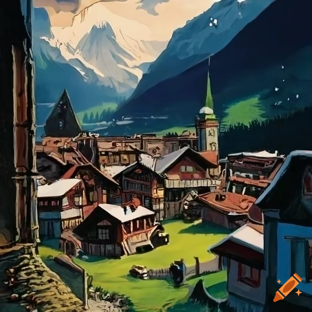 Swiss mountain village from a noir graphic novel