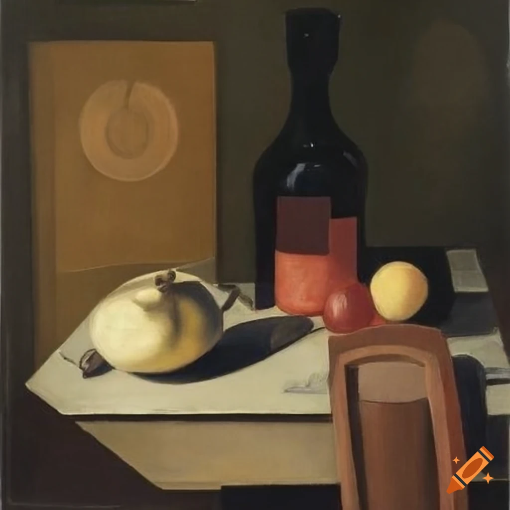 Still-life painting by Felice Casorati and Tanguy and Harnett on Craiyon