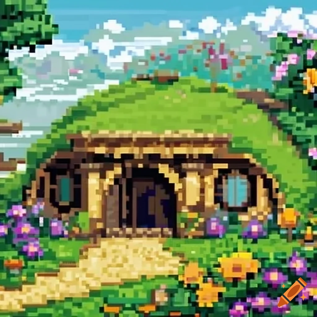Pixel art of a festive hobbit house with christmas lights on Craiyon