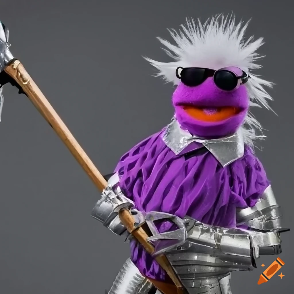 Cartoon character with purple skin, sunglasses, and knight armor on Craiyon