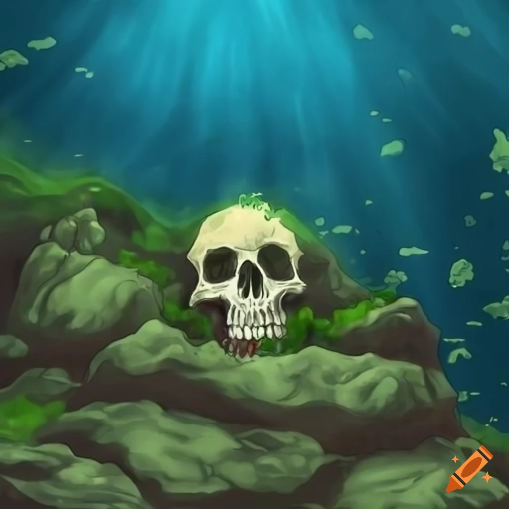 Anime skull with moss underwater on Craiyon