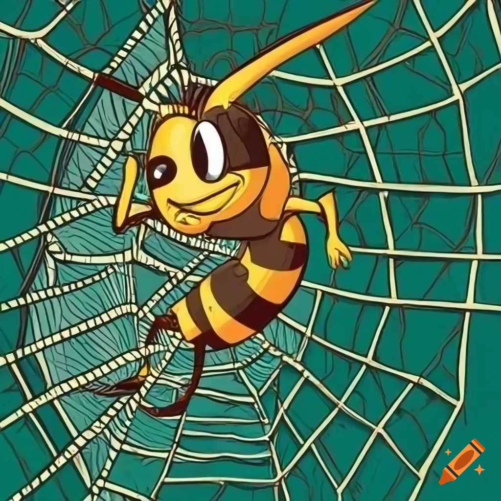 Honeybee caught in a spiderweb in a whimsical cartoon style on Craiyon