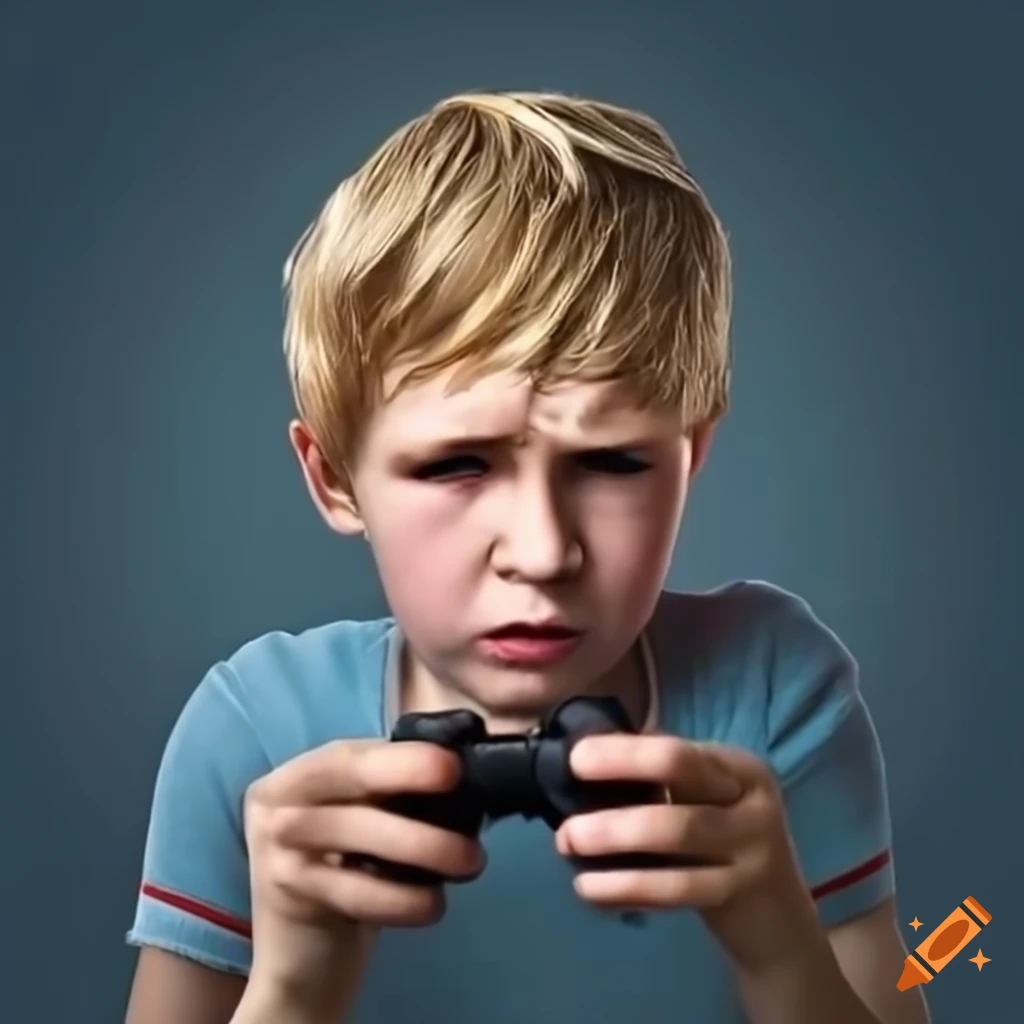 Sad blond boy playing video games