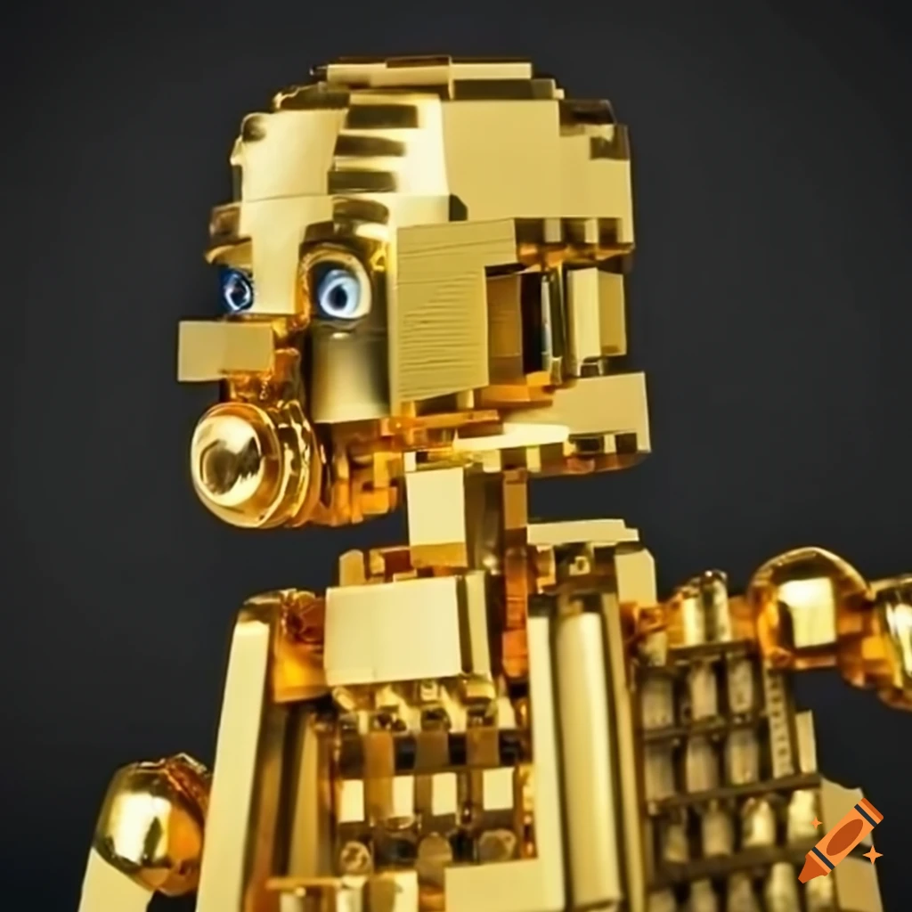 Closeup of golden Lego puppets in a dark city on Craiyon