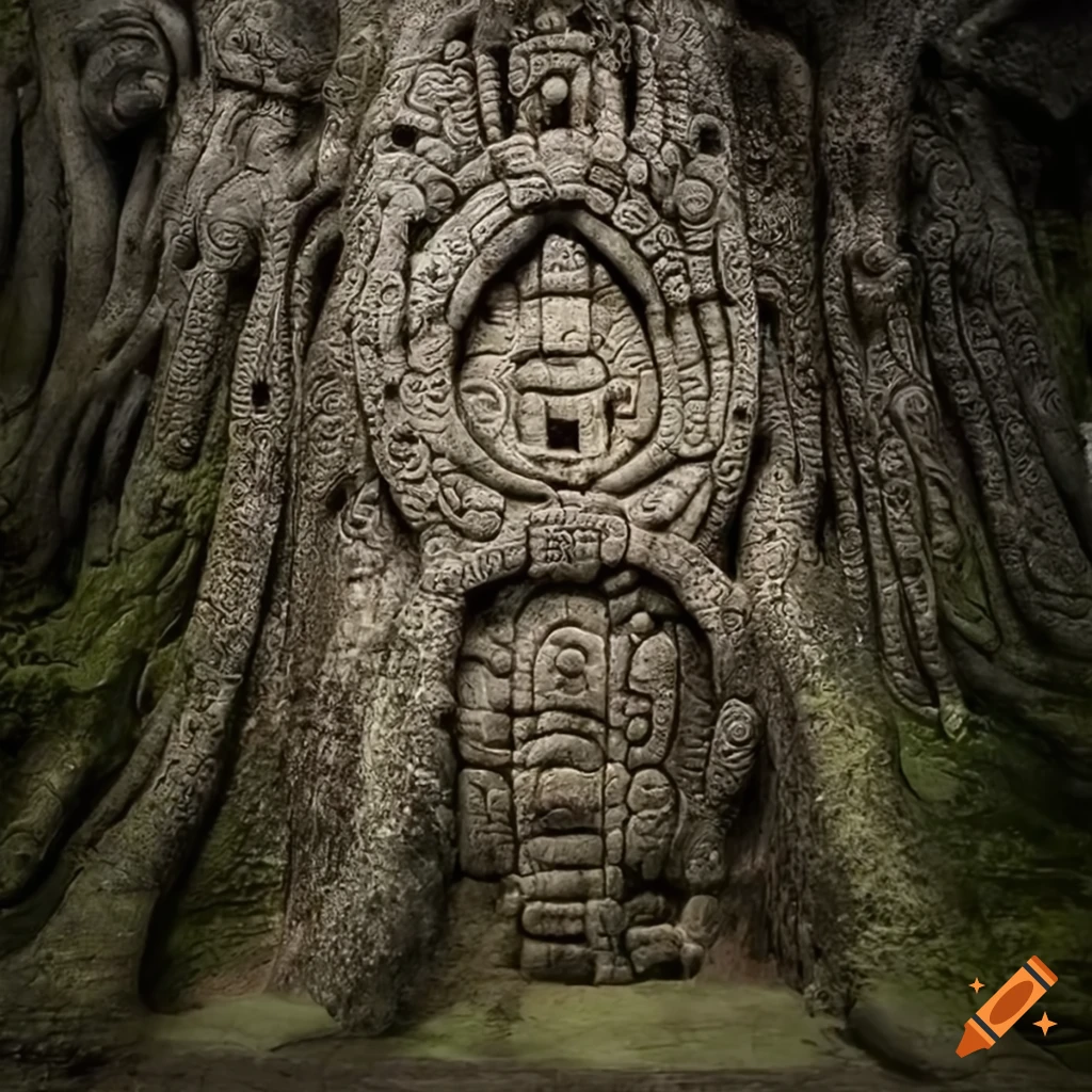 Mayan tree of life with intricate stone carvings on Craiyon