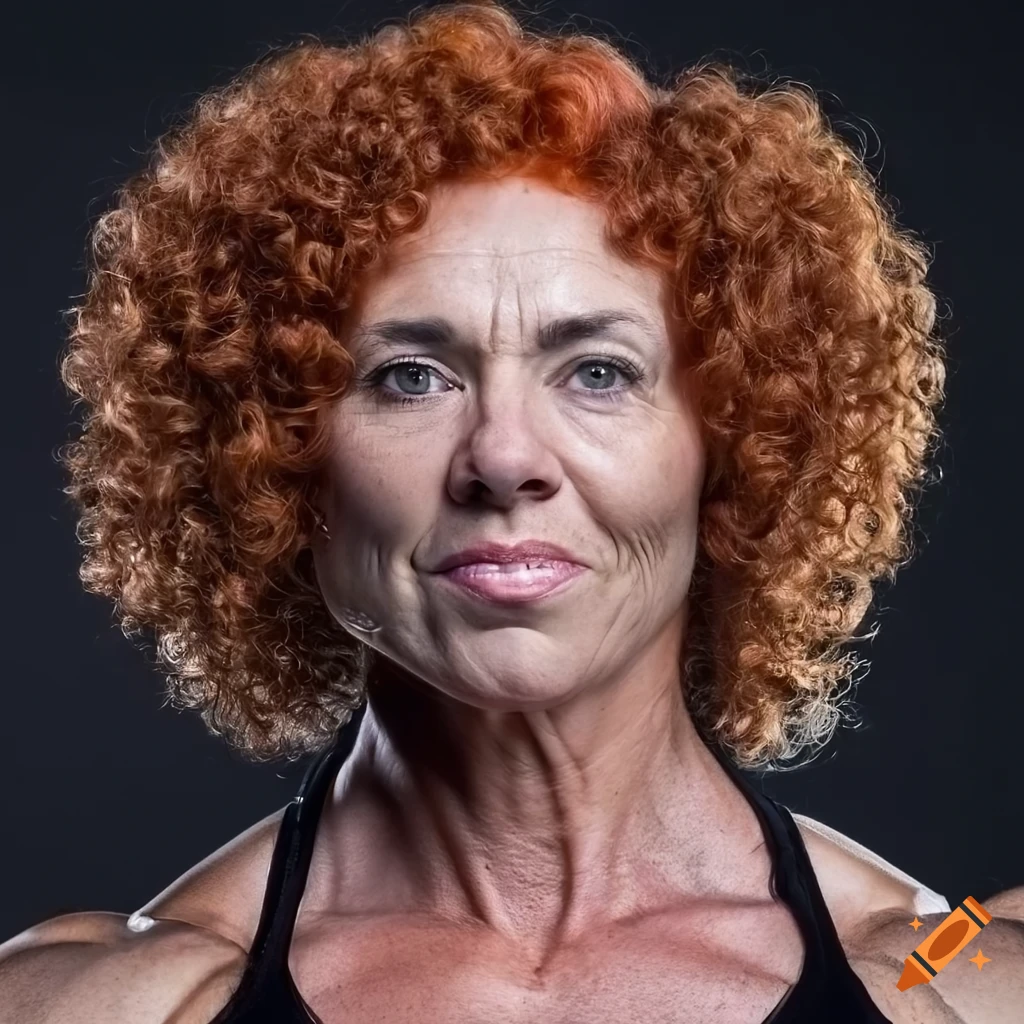 Photorealistic portrait of a female bodybuilder with curly ginger hair ...