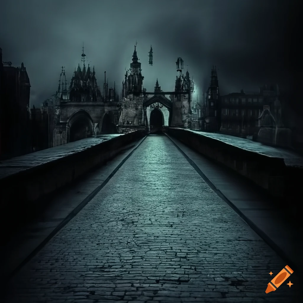 1930's car crossing a gothic bridge in a sideways perspective on Craiyon