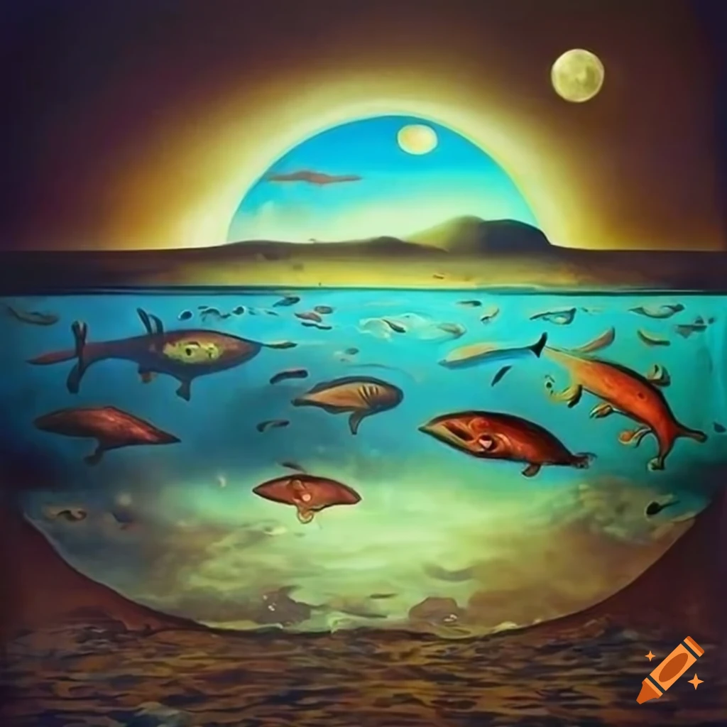 Surrealist painting of fish in a water maze with moon above
