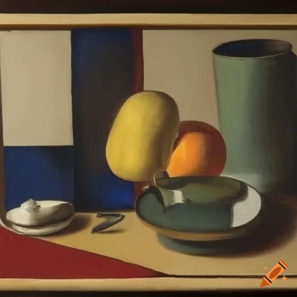 Still-life painting on a table by felice casorati, leger, and harnett