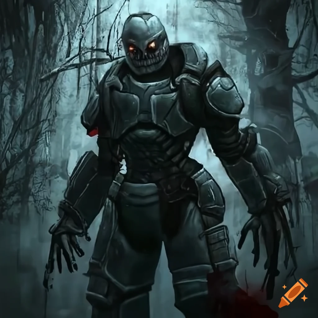Image of creepy power armor in a dark enclave on Craiyon