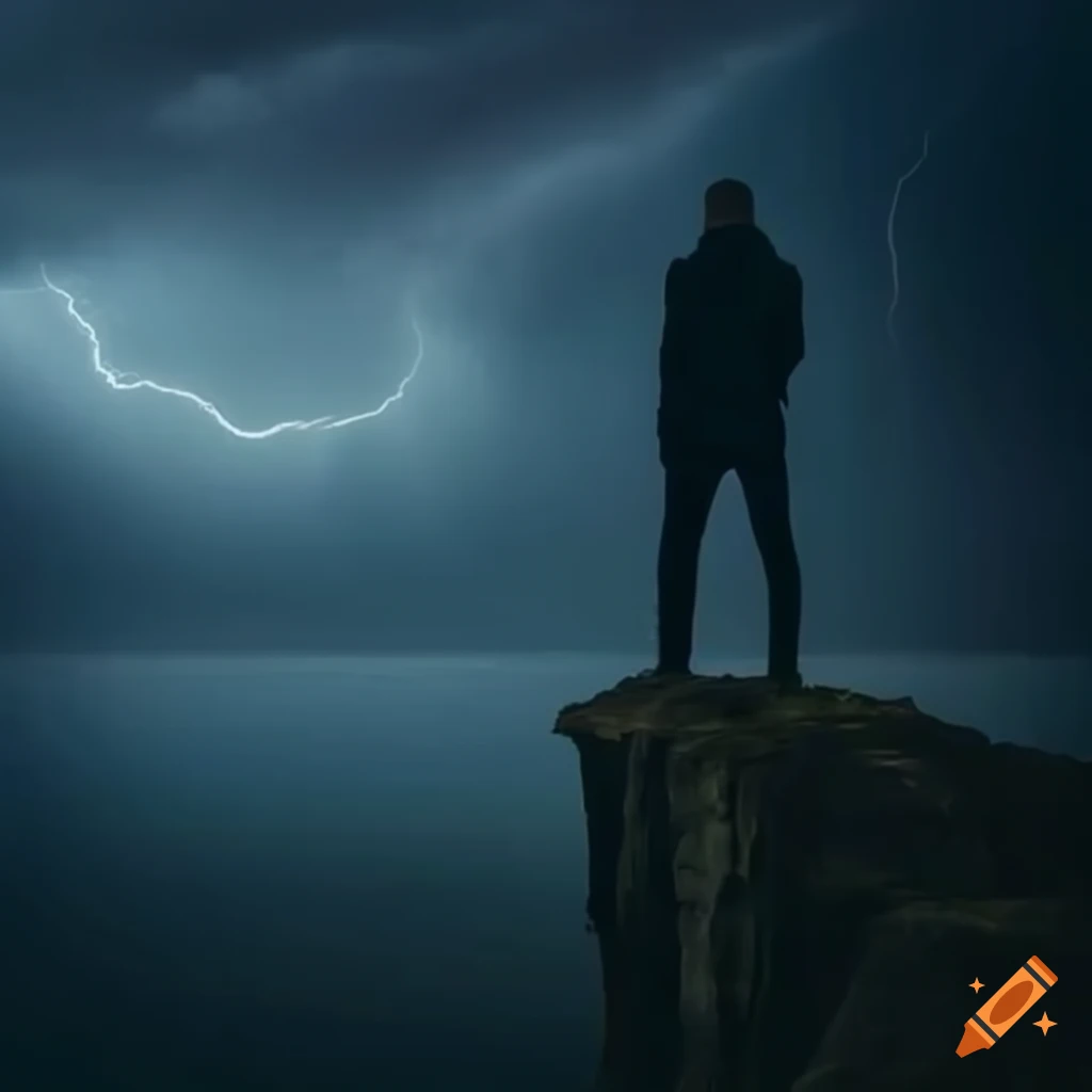 Man standing on a cliff during thunderstorm on Craiyon
