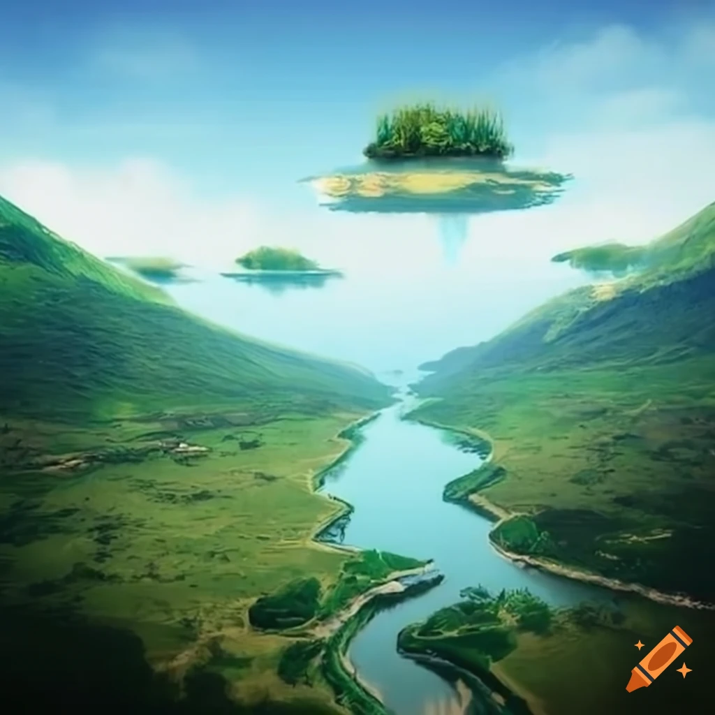 Floating islands above a steppe with a river and village on Craiyon