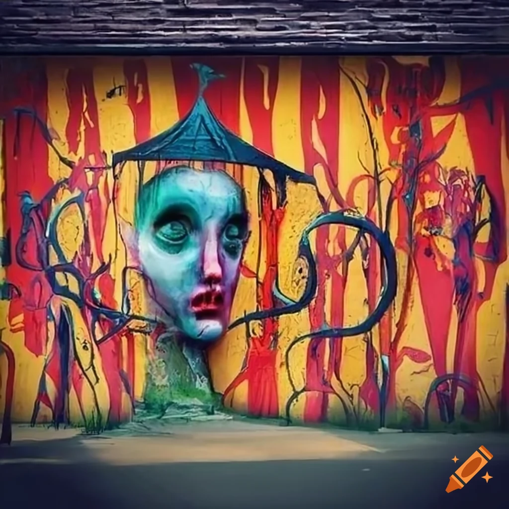 Surrealist circus with graffiti on walls on Craiyon