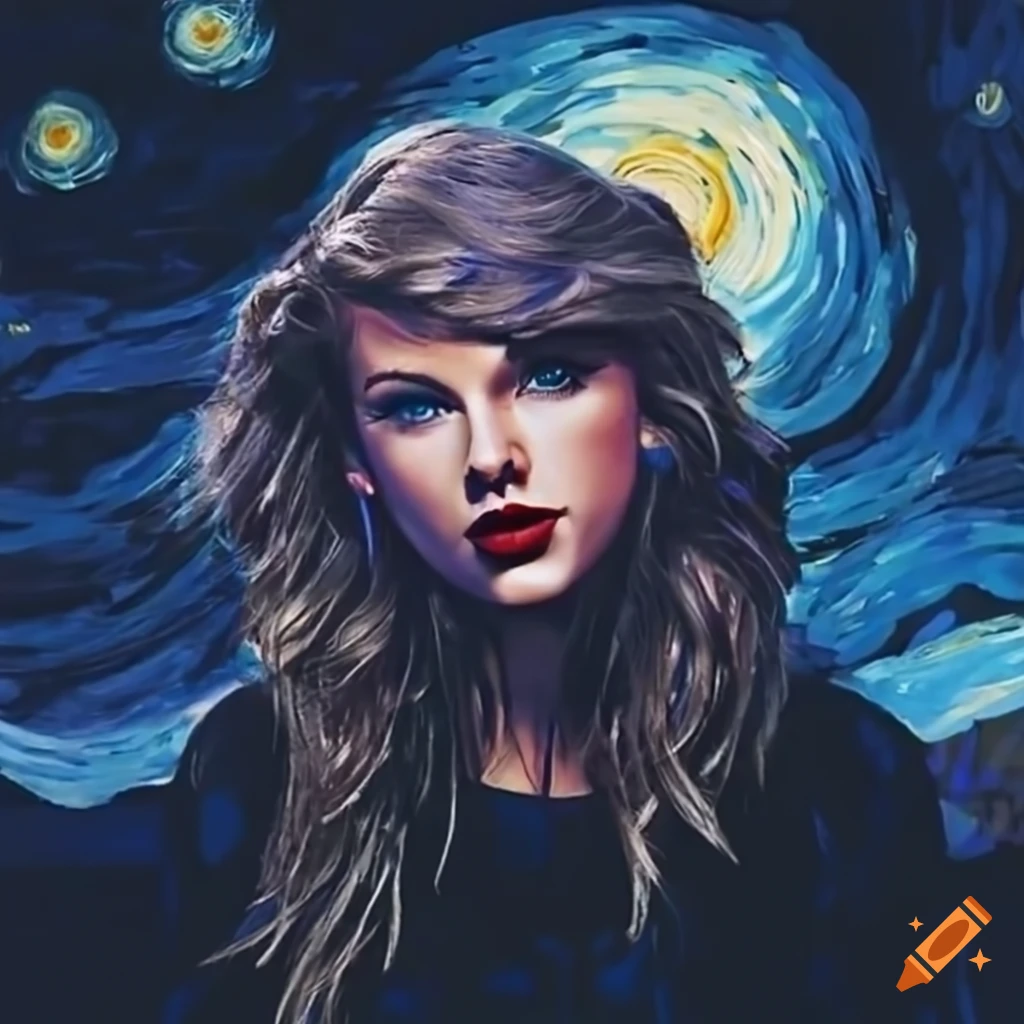 Artistic portrayal of taylor swift under a starry night sky