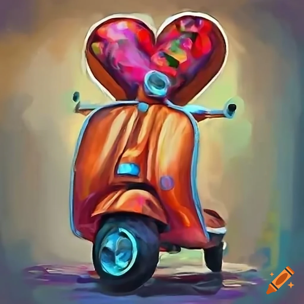 Funny illustration of a heart riding a vespa on Craiyon