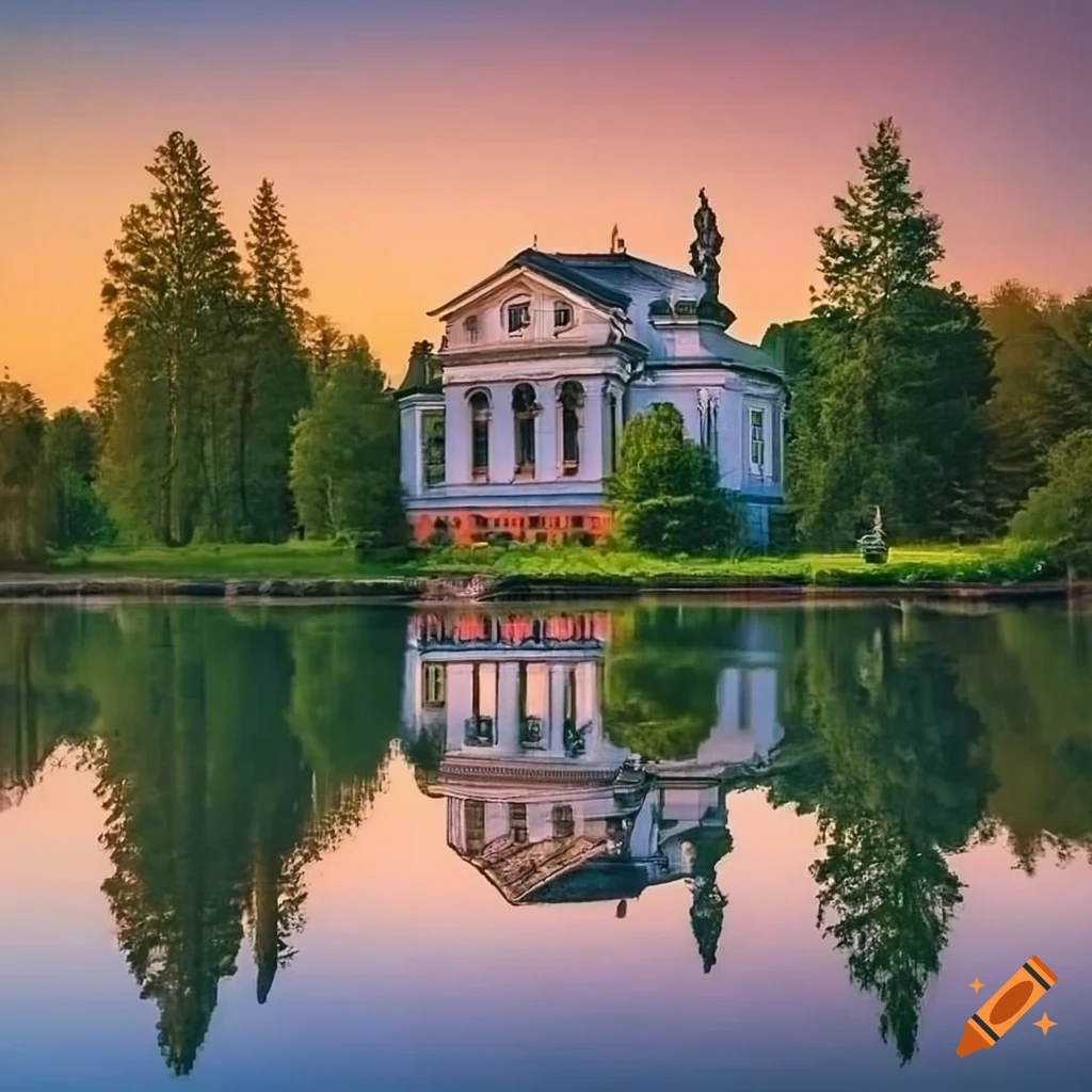 Neoclassical landscape painting with a river and trees on Craiyon