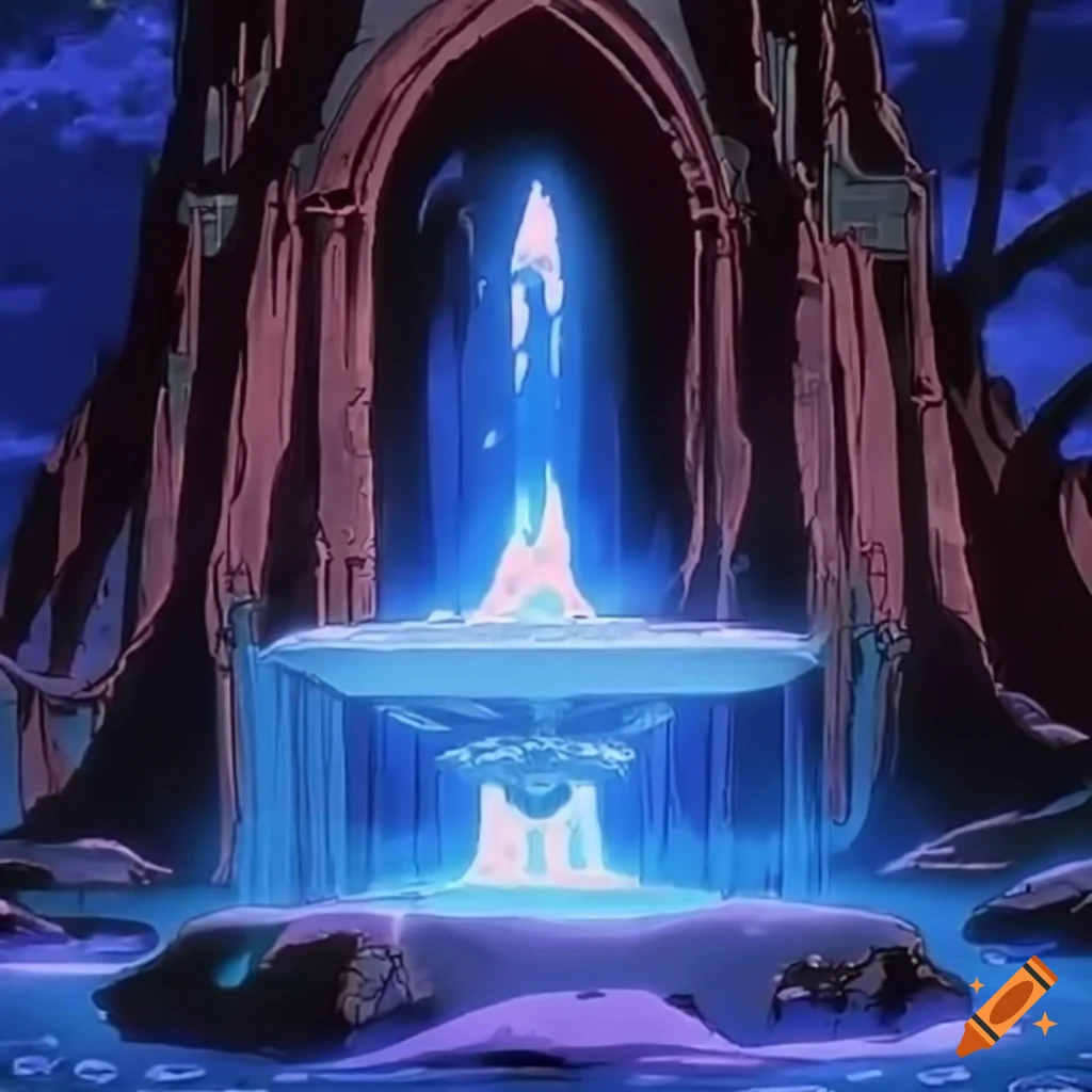 Anime OVA with glowing fountain in ancient ruins on Craiyon